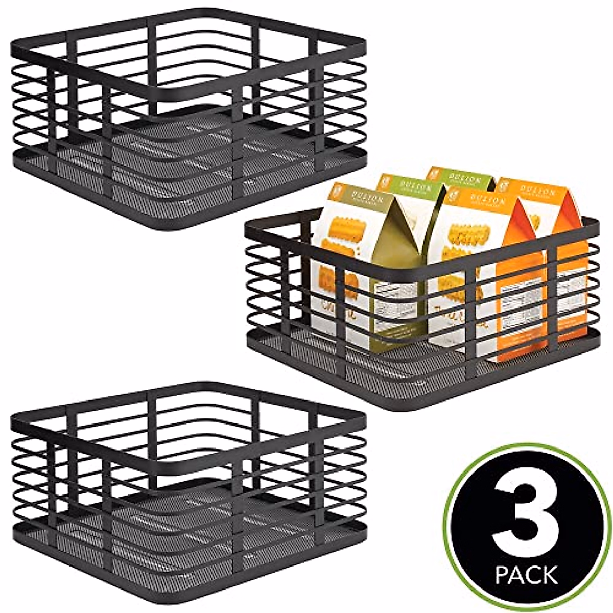 mDesign Steel Metal Wire Kitchen Food Storage Organizer Bin Basket for Pantry Organization - Wired Farmhouse Basket with Handle for Shelves - Carson Collection - 3 Pack, Matte Black