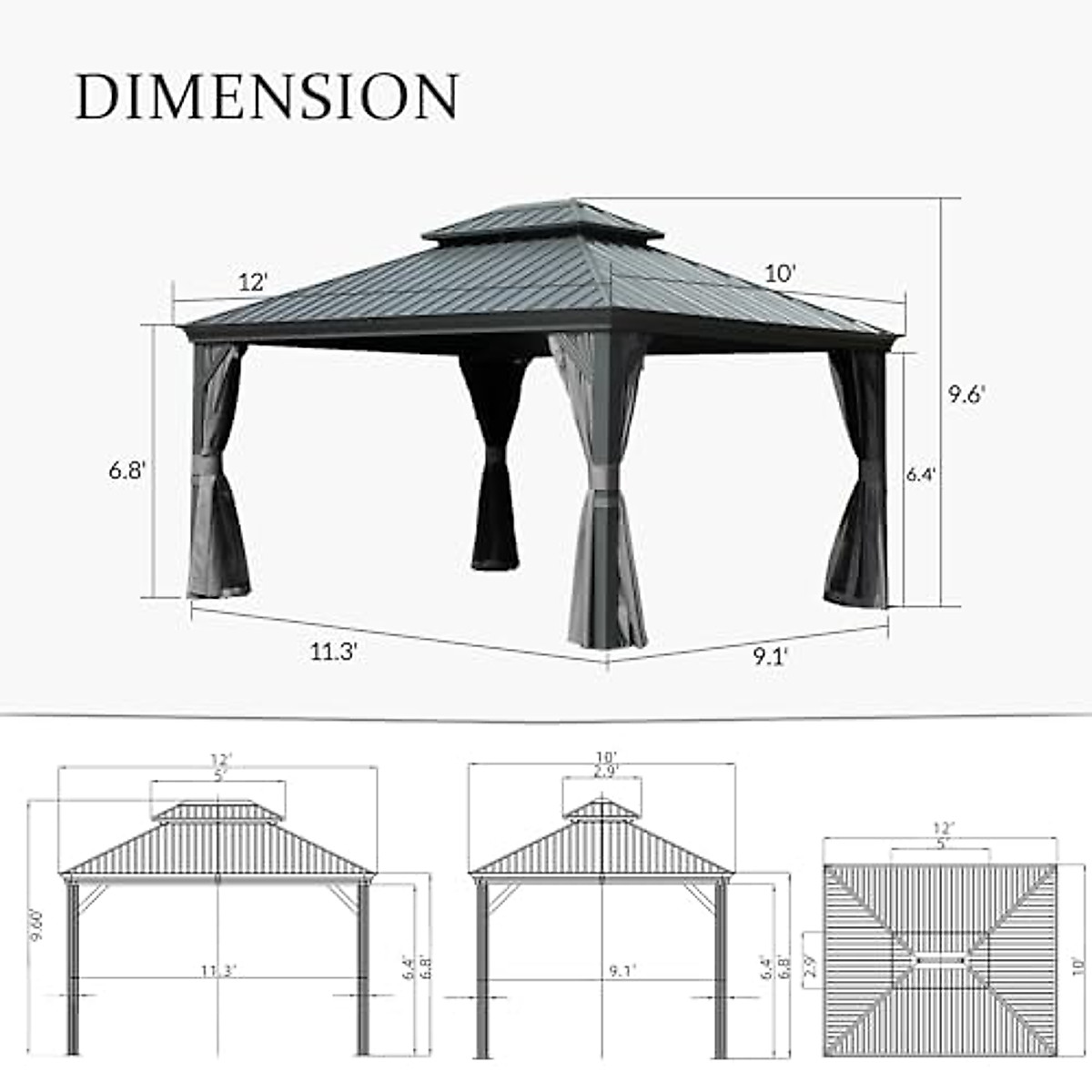 Domi 10'x12' Hardtop Gazebo Canopy,Outdoor Aluminum Gazebo with Galvanized Steel Double Roof,Curtain and Netting Included,Grey