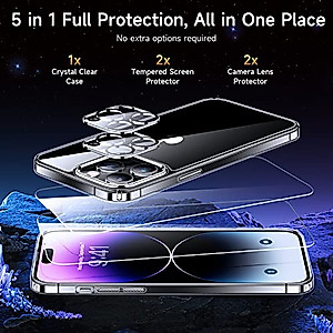 Humixx [5 in 1] for iPhone 14 Pro Case, with 2X Screen Protector + 2X Lens Protector, [20x Anti-Yellowing][12 FT Drop Protection] Clear Shockproof Protective Case for iPhone 14 Pro 6.1 inch