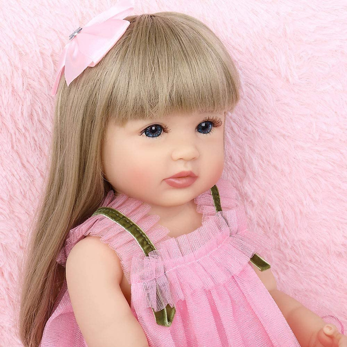 ROSHUAN Reborn Baby Dolls Girl 22 inch Lifelike Realistic Toddler Reborn Doll Silicone Vinyl Full Body Waterproof with Blond Long Hair Pink Dress for Birthday Gifts