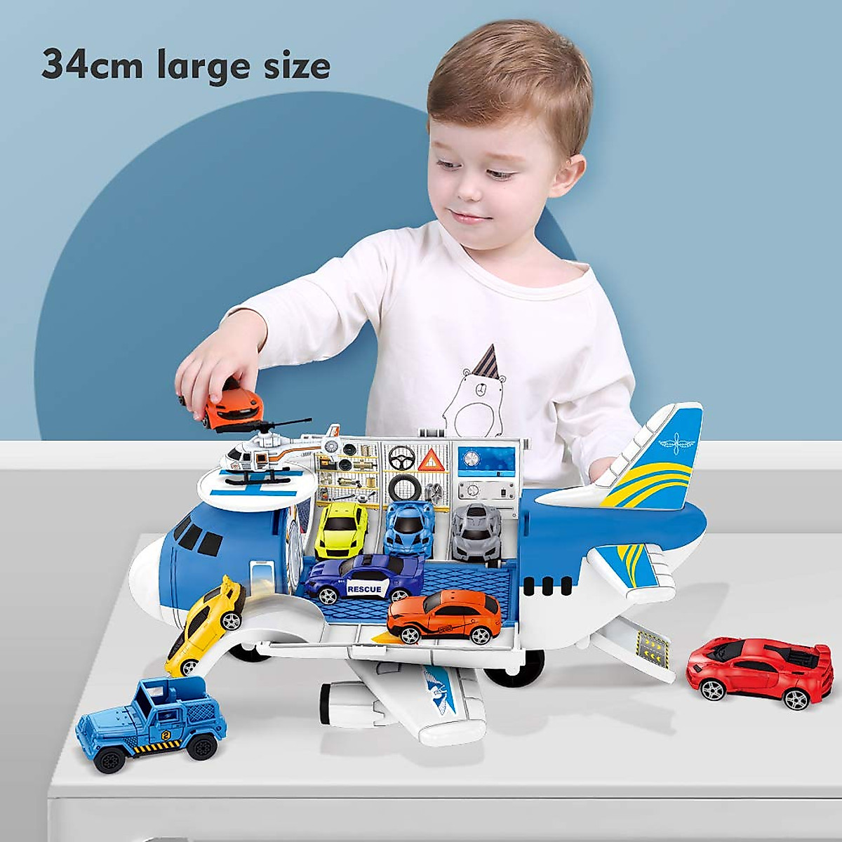 Siairo Airplane Toys- Aircraft Carrier Toy Helicopter Toy Set Car Track Cargo Plane for 3 4 5-7 Year Old Boys,9 in 1 Take Apart Cargo Plane Toys Including 8 Cars and 1 Helicopter, Gifts for Kids Boys