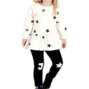 CuteMe Toddler Baby Girls Clothes Set Cute Star Print Long Sleeveand and Pants 2 Pieces Outfits (002,White,110)