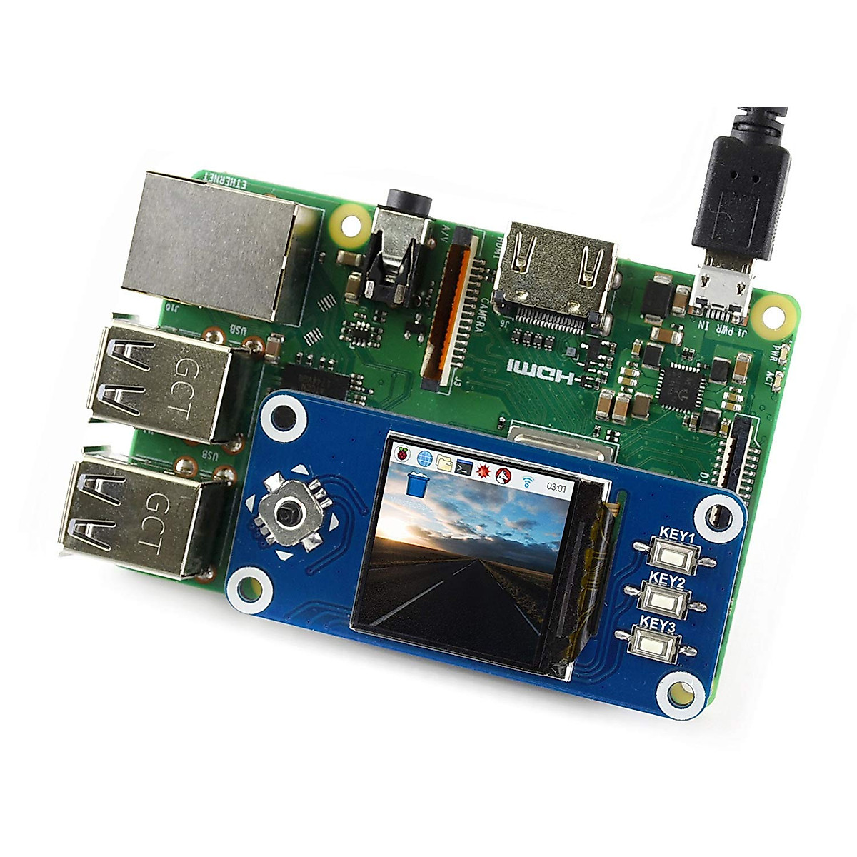 Waveshare 1.3inch IPS LCD Display HAT for Raspberry Pi 240x240 Pixels with Embedded Controller Communicating via SPI Interface.