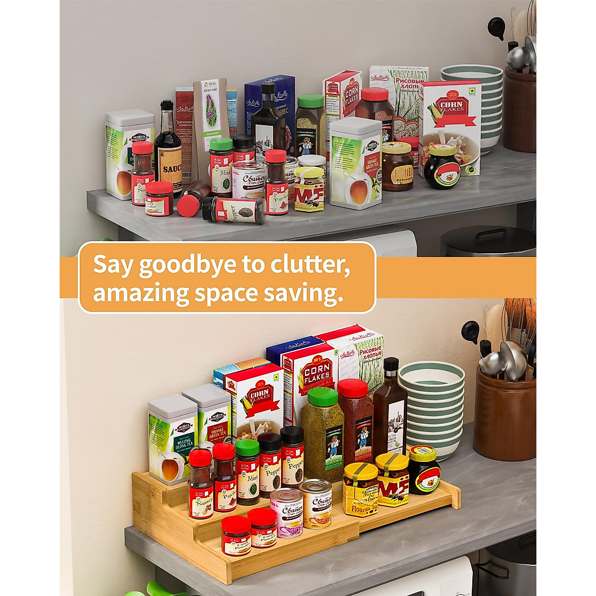 VenDotbi Spice Rack Organizer, 3 Tier Expandable Bamboo Spice Rack Organizer, Great for Kitchen Cabinet, Cupboard, Pantry and More