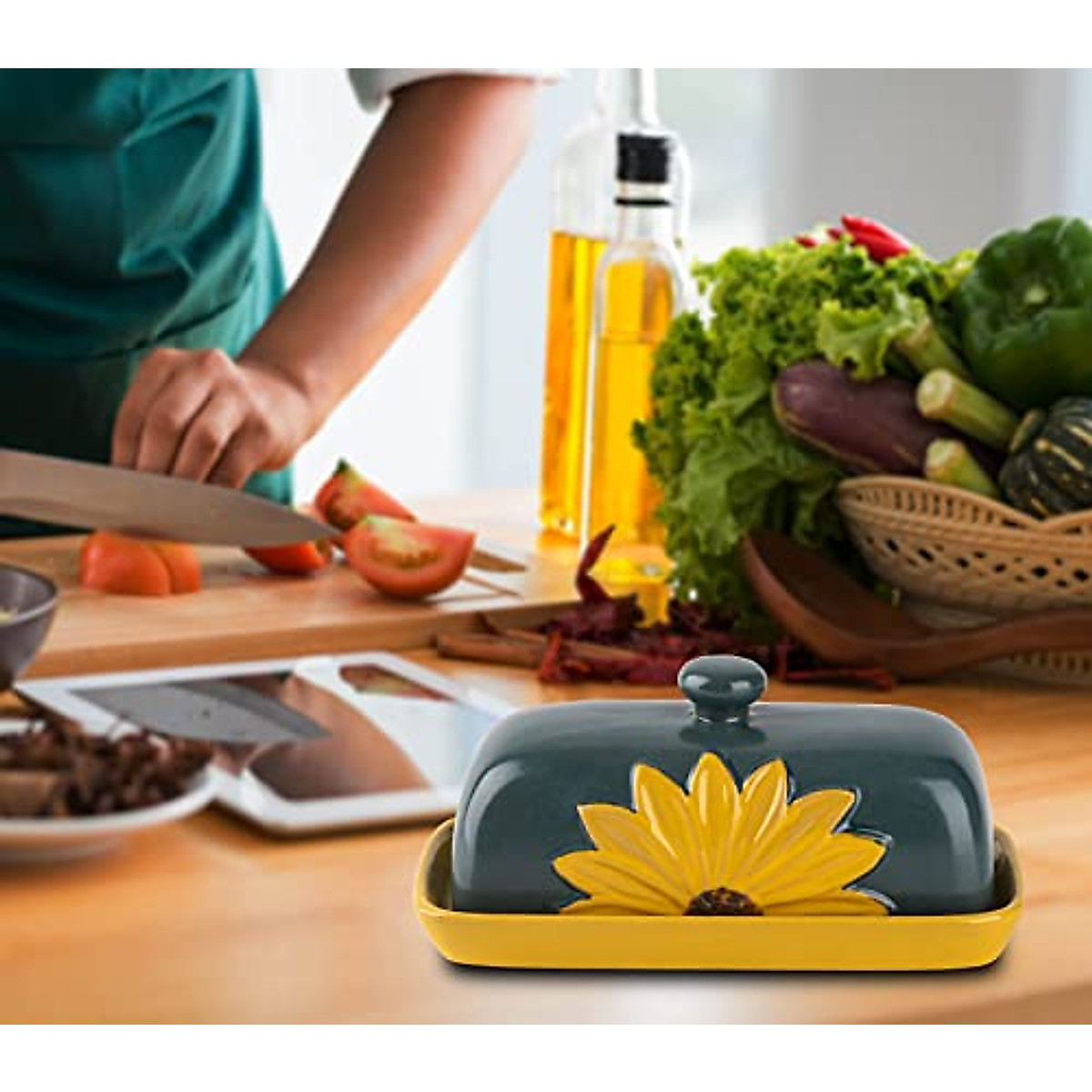 Butter Dish With Lid For Countertop Ceramic Butter Keeper Sunflower Butter Container Butter Holder Butter Tray Large Butter Dish Covered Butter Dish Farmhouse Butter Dish