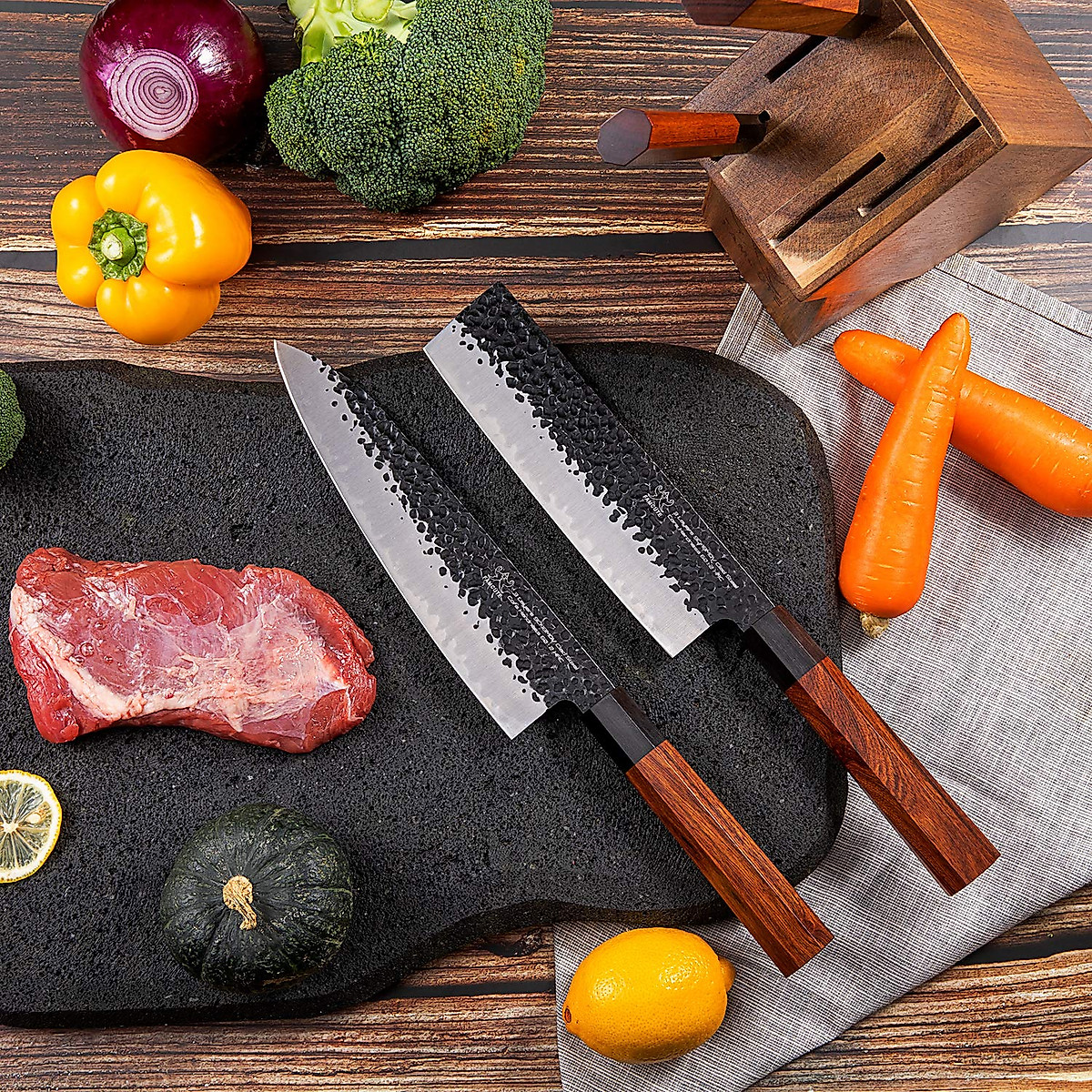 FAMCÜTE Japanese Chef Knife Set, 3 Layer 9CR18MOV Clad Steel w/Rosewood Handle and Block Wooden Holder for 4PCS Kitchen Knife Set (8” Gyuto Knife, 7” Nakiri Knife, 7” Santoku knife, 5” Utility knife)