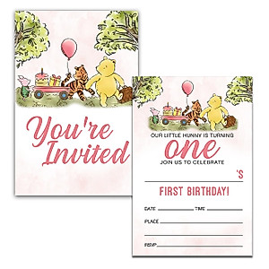 Dolimifa Pink Winnie the Pooh 1st Birthday Invitations Fill in Style Classic Winnie the Pooh First Birthday Invites, 20 Count With Envelopes
