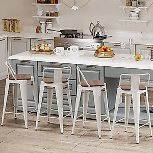 Changjie Furniture 24 Inch Swivel Bar Stools Set of 4 Counter Height Swivel Bar Stools with Backs Industrial Barstools for Kitchen (Swivel 24 inch, White Wooden)