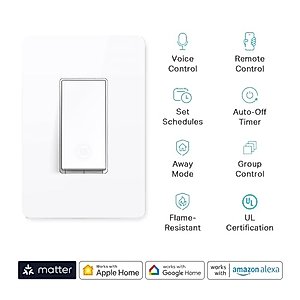Kasa Matter Smart Light Switch: Voice Control w/Siri, Alexa & Google Assistant | UL Certified | Timer & Schedule | Easy Guided Install | Neutral Wire Required | Single Pole | 2.4GHz Wi-Fi | KS205