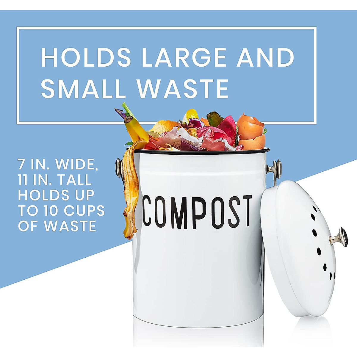 JRW Design White Kitchen Compost Bin Plus 2 Non-Smell Filters, 1.3 Gallon Farmhouse Bin for Countertop, Durable Bin Kitchen with Handle, Easy to Clean, Rust Proof Composting Bin, Compost Bucket