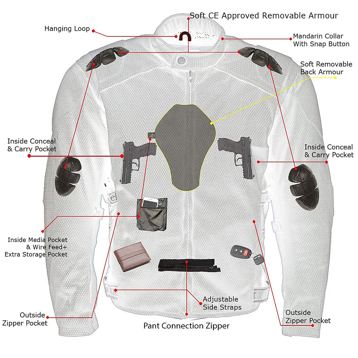 Xelement CF2157 Men's 'Caliber' Black Mesh Motorcycle Jacket with X-Armor Protection - X-Large