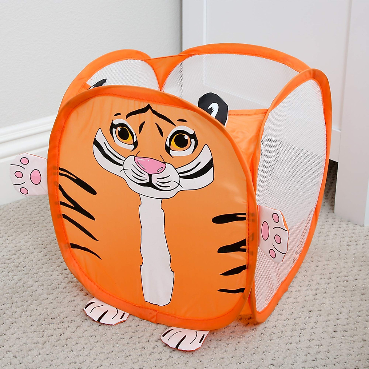 Smart Design Kids Pop Up Organizer with Animal Print - VentilAir Mesh Netting - for Toddlers, Baby Clothes, Plushies, and Toys - Home Organization - Cube - 10.5 x 11 Inch - Orange Tiger