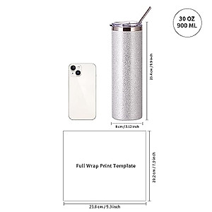 PYD Life Sublimation Tumblers Glitter Blanks Skinny 30 OZ Silver Straight Stainless Steel Tumbler with Lid and Stainless Straw for Tumbler Heat Press Sublimation Oven Printing 4 Pack