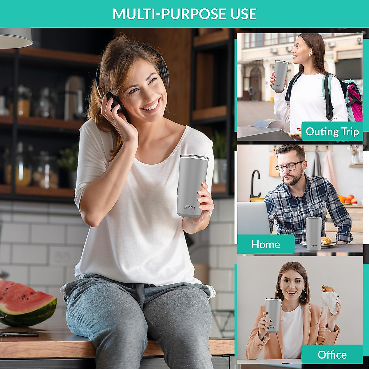 The Clean Hydration Company Tumbler Insulated with Lid, Double-Wall Vacuum, 20 Oz Travel, Office Tumbler, Hot & Cold Drinks, Ceramic Interior, Spill-Proof, BPA-Free, No Metal Taste