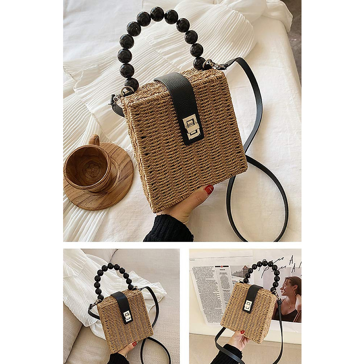 QZUnique Straw Bucket Bags for Women Top Handle Drawstring Woven Handbag Shoulder Bag Summer Beach Purses with Bamboo Handle