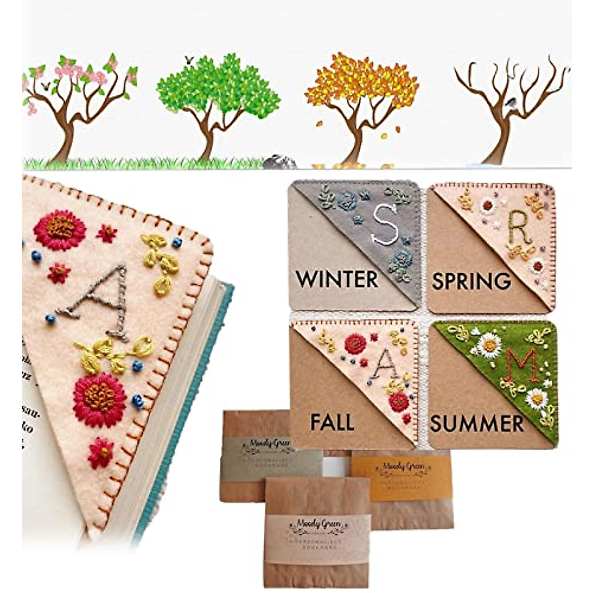 2PCS Personalized Hand Embroidered Corner Bookmark, Felt Triangle Bookmark, Cute Felt Triangle Bookmark, Cute Flower Letter Embroidery Bookmarks for Book Lovers Kids Teachers（A+S）