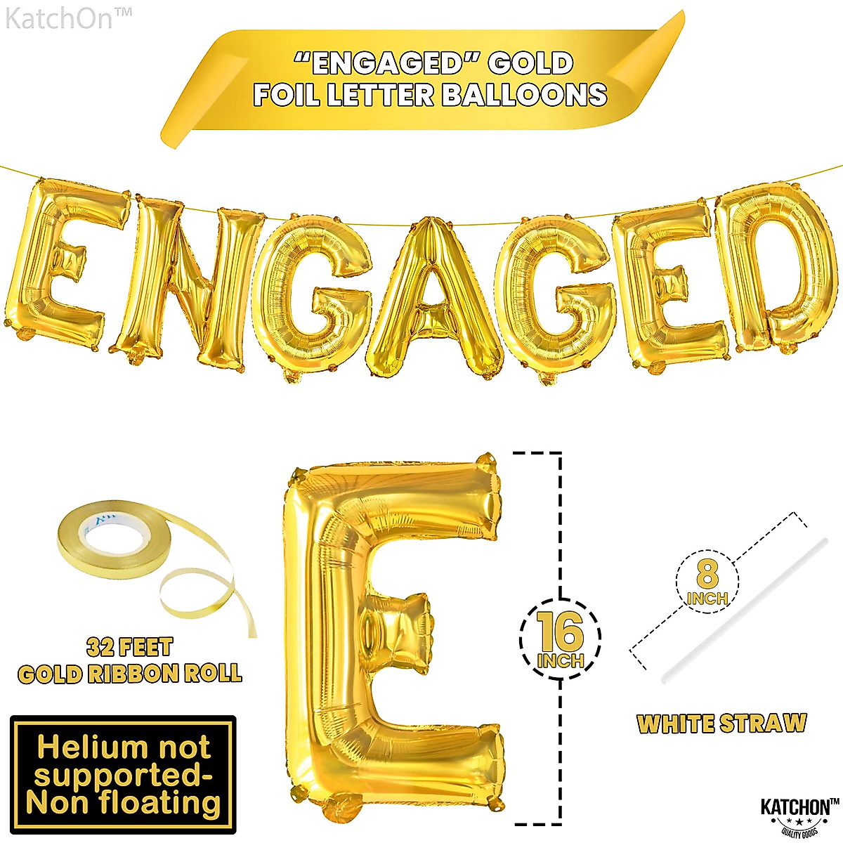 KatchOn, Gold Letter Engaged Balloon with Huge Diamond Ring Balloon - Pack of 2 | Gold Engagement Balloons for Engagement Party Decorations | Diamond Balloons for Wedding, Bridal Shower, Engaged Decor