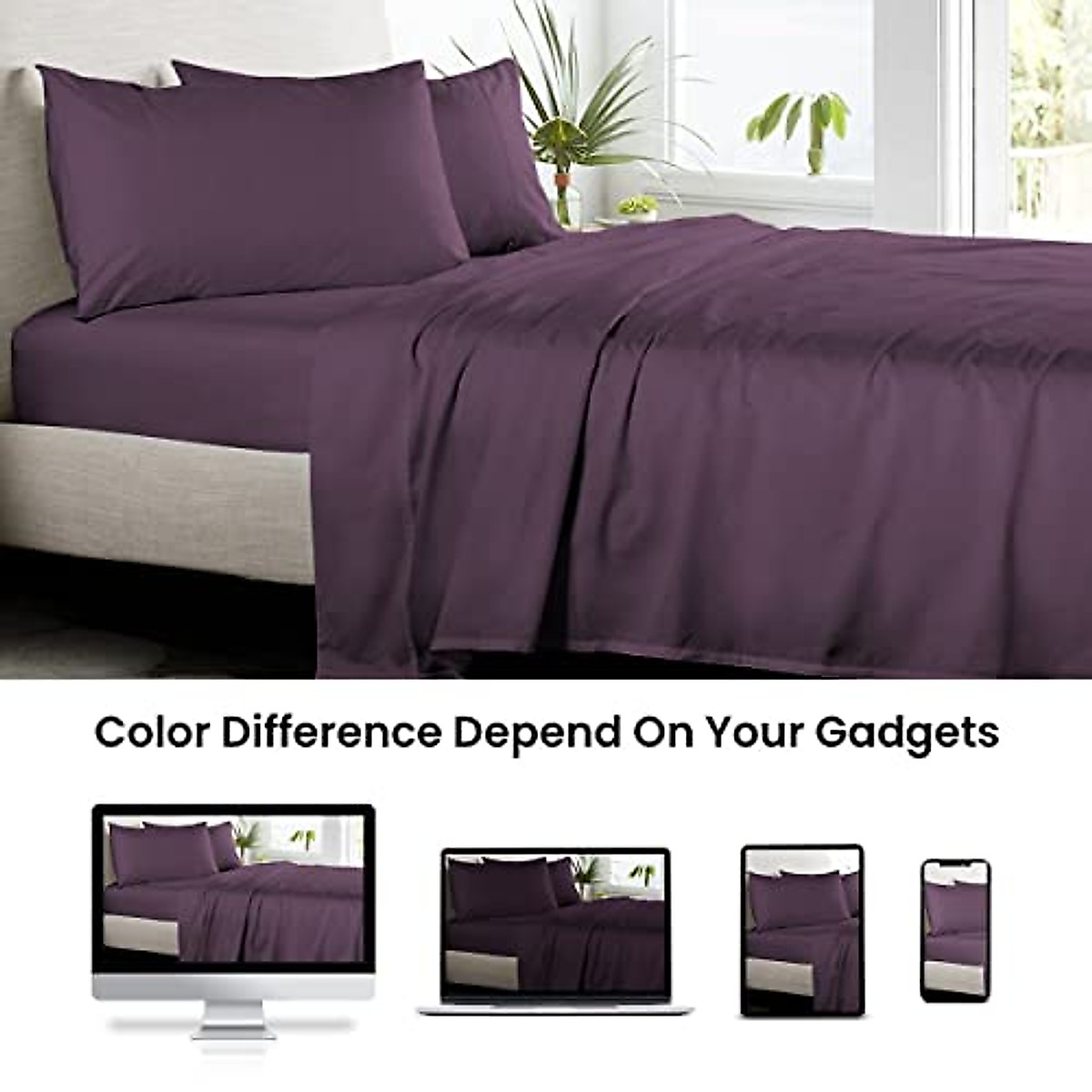 SGI Full Size Plum Soft Luxury Microfiber 4 Piece Sheet Set- Fitted Sheet Flat Sheet 2 Pillowcase Easy Care, Super Soft & Breathable Cool 15" Deep Pocket Fade Wrinkle Stain Resistant Bedding