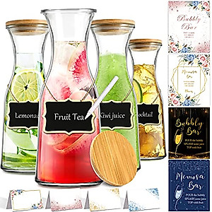 GMISUN Mimosa Bar Supplies Kit, 1Liter Glass Carafe with lids, 4 Pack Carafe Set for Mimosa Bar, Juice Container Carafe Water Pitcher, Mimosa Glasses with Mimosa Bar Signs, Chalkboard Tags