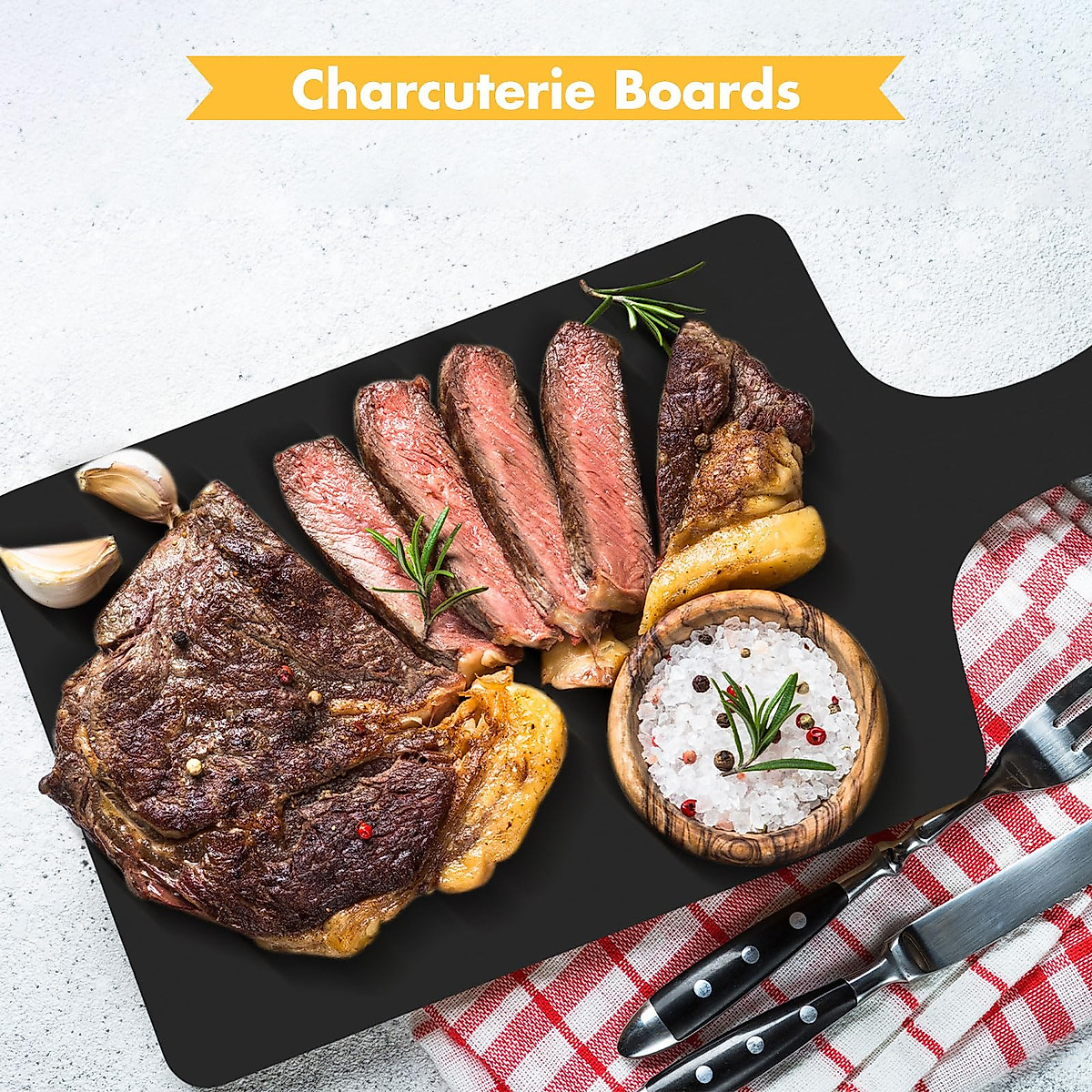 Geetery Black Bamboo Cutting Boards with Handle Bamboo Pizza Paddle Serving Boards Tray Charcuterie Board Chopping Board for Cheese Steak Bread (3 Pcs)