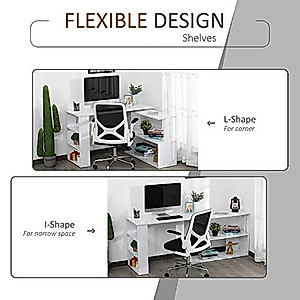 HOMCOM 360 Degree Rotating Home Office Desk L Shaped Corner Computer Desk with Storage Shelves, Writing Table Workstation, White