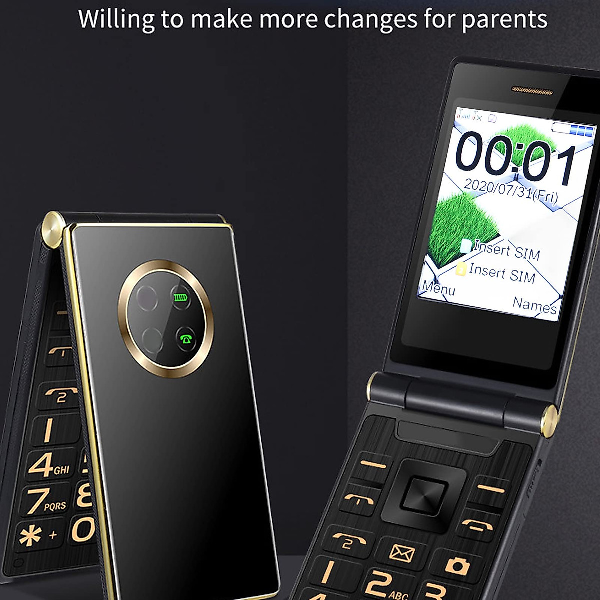 ASHATA 2G Flip Mobile Phone with 2.8in Screen, Easy to Use Big Button Unlocked Senior Flip Cell Phone, Dual SIM Seniors Phone with One Touch Dial, Super Loud Volume, Gifts for Parents(Gold)