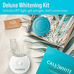 Cali White Teeth Whitening Strip Kit with LED Light and Batteries - Organic Peroxide Teeth Whitening Gel - Set of White Strips - 2x5ml Syringes, Thermoform Whitening Kit Trays and Case