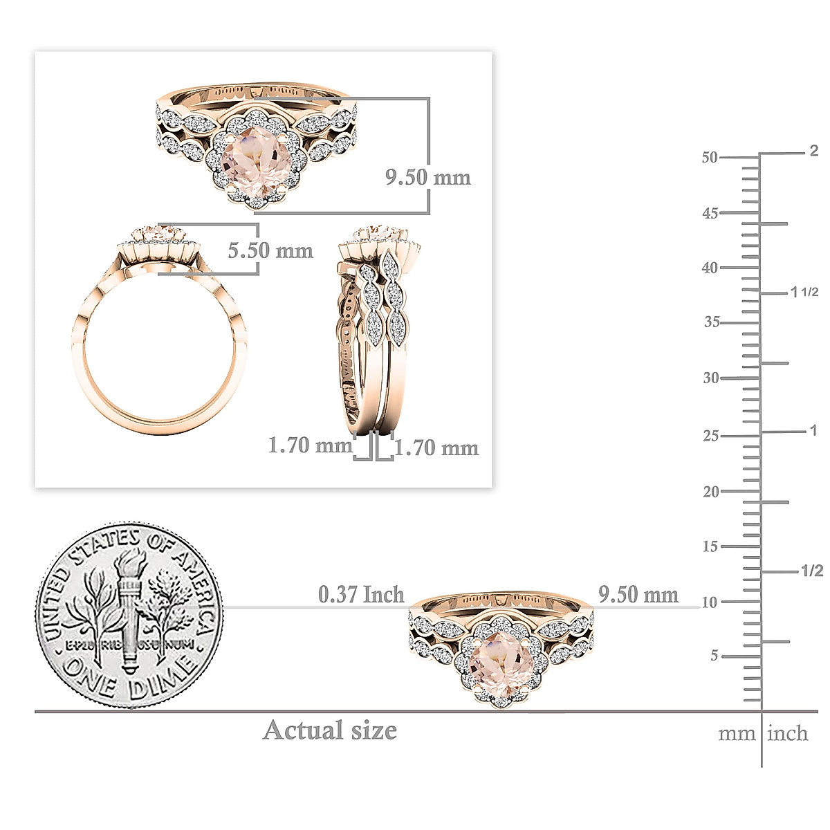 Dazzlingrock Collection 5.5 MM Cushion Morganite & Round Diamond Ladies Halo Wedding Ring Set in 14K Rose Gold, Size 9