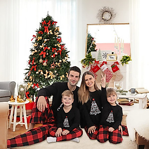 Onancehim Matching Christmas Pajamas for Family, Funny Holiday Cute Let It Snow Print Tops and Plaid Pants Xmas Sleepwear Pjs Set (Women, L, Black)