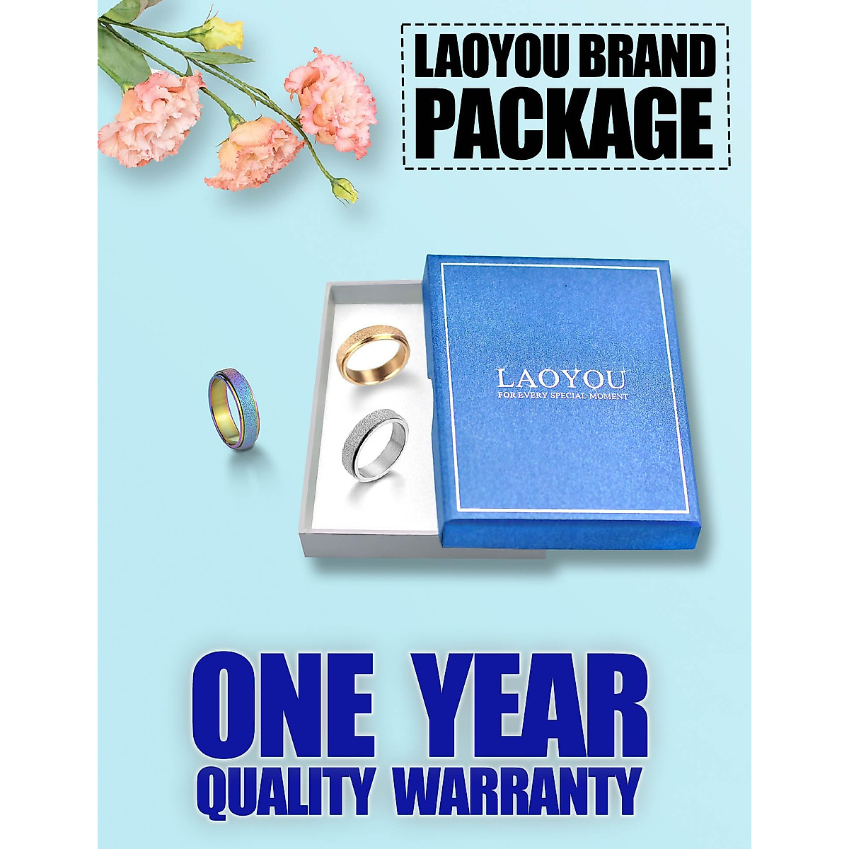 LAOYOU Anxiety Spinner Fidget Ring for Women | 6MM Stainless Steel 3pcs Worry Stress Relief Spinning Spinny Ring Set Band Pack Rose Old Silver Rainbow Birthday Figit Gifts for Daughter Size 8