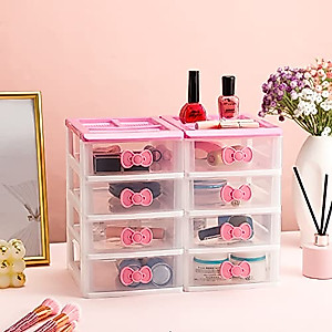 Lovely Pink Receiving Storage Cabinets Kawaii Makeup Organizer with 4 Layers Cute Storage Cabinet Box with Bow Handle Plastic Desktop Storage Box for Home Bedroom Bathroom Women Girl Gifts, Clear