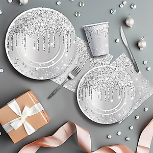 YJRJSC Silver Plates And Napkins Party Supplies - Silver Party Decorations Tableware For Birthday Bridal Shower, Paper Plate, Napkin, Cup, Cutlery, Diamonds Silver Glitter Table Decorations | Serve 24