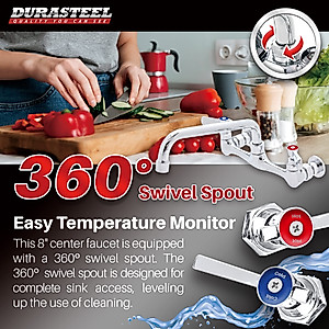 Kitchen Sink No Lead Faucet - DuraSteel 8" Center Wall Mounted Commercial Kitchen Sink Faucet with 8" Swivel Spout - NSF Certified - Dual Lever Handles - Brass Constructed & Chrome Polished