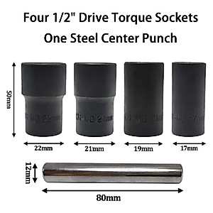 JEUCLEL 5PCS Twist Lug Nut Socket Set - 1/2 inch Drive Damaged Nut Lock Remover Extractor - Rusted & Strip & Stripped & Stuck Locking Nut Removal Tool Kit with 17mm 19mm 21mm 22mm Sockets