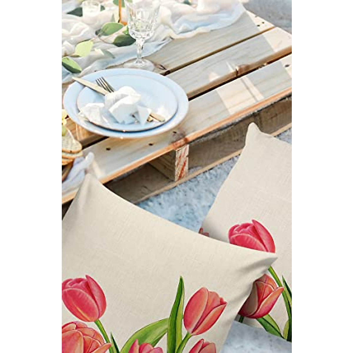 Outdoor Pillow Covers Waterproof, Spring Tulip Throw Pillowcase Decorative Cover, Farmhouse Beautiful Bright Red Floral Garden Cushion Case Set of 2 for Sofa, Couch, Tent, Patio 18"x18"