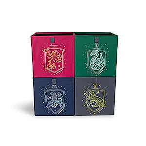 Harry Potter Hogwarts Houses 11-Inch Storage Bin Cube Organizers, Set of 4 | Fabric Basket Container, Cubby Cube Closet Organizer | Wizarding World Gifts And Collectibles