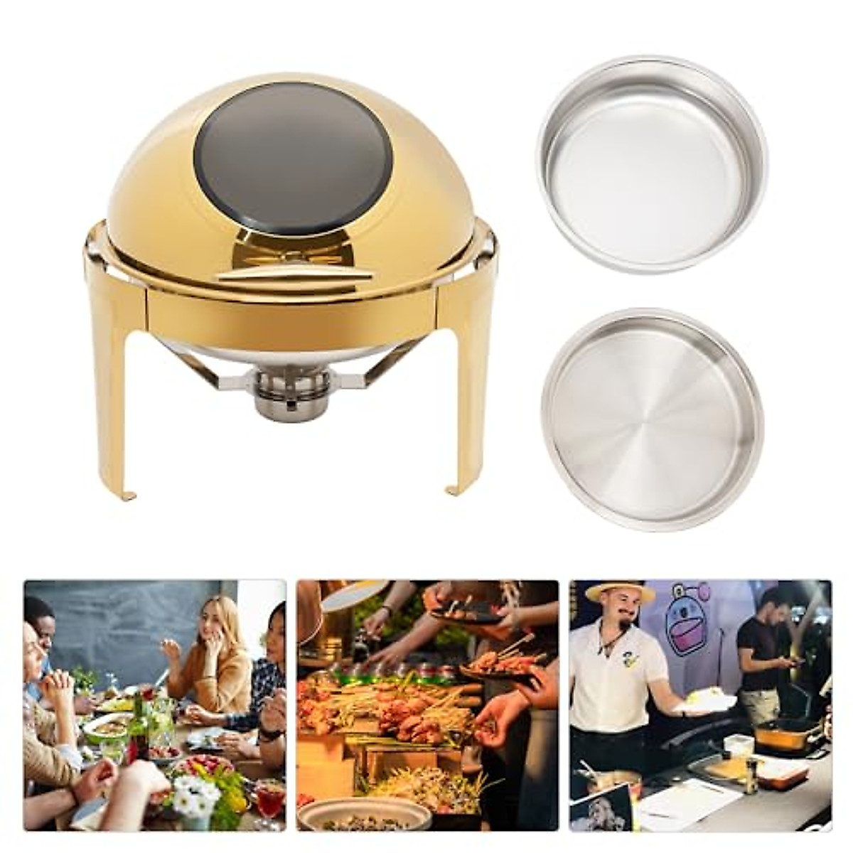 Round Chafing Dish Buffet Set, 6.4QT Stainless Steel Chafer for Catering Buffet Warmers Sets with Clear Lid, High Grade Gold Food Warmers for Parties, Wedding, banquets