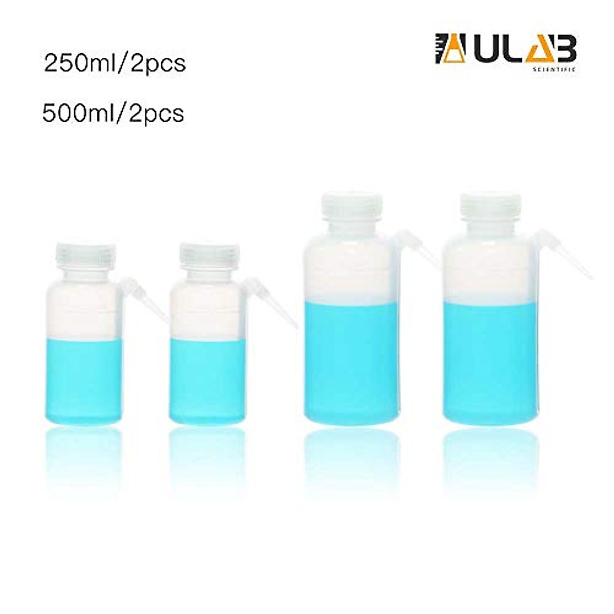ULAB Scientific Wide Mouth Unitary Wash Bottle, 250ml 500ml 2pcs for Each Size, Plastic Squeeze Bottles, LDPE Bottle with PP Draw Tube, UWB1009