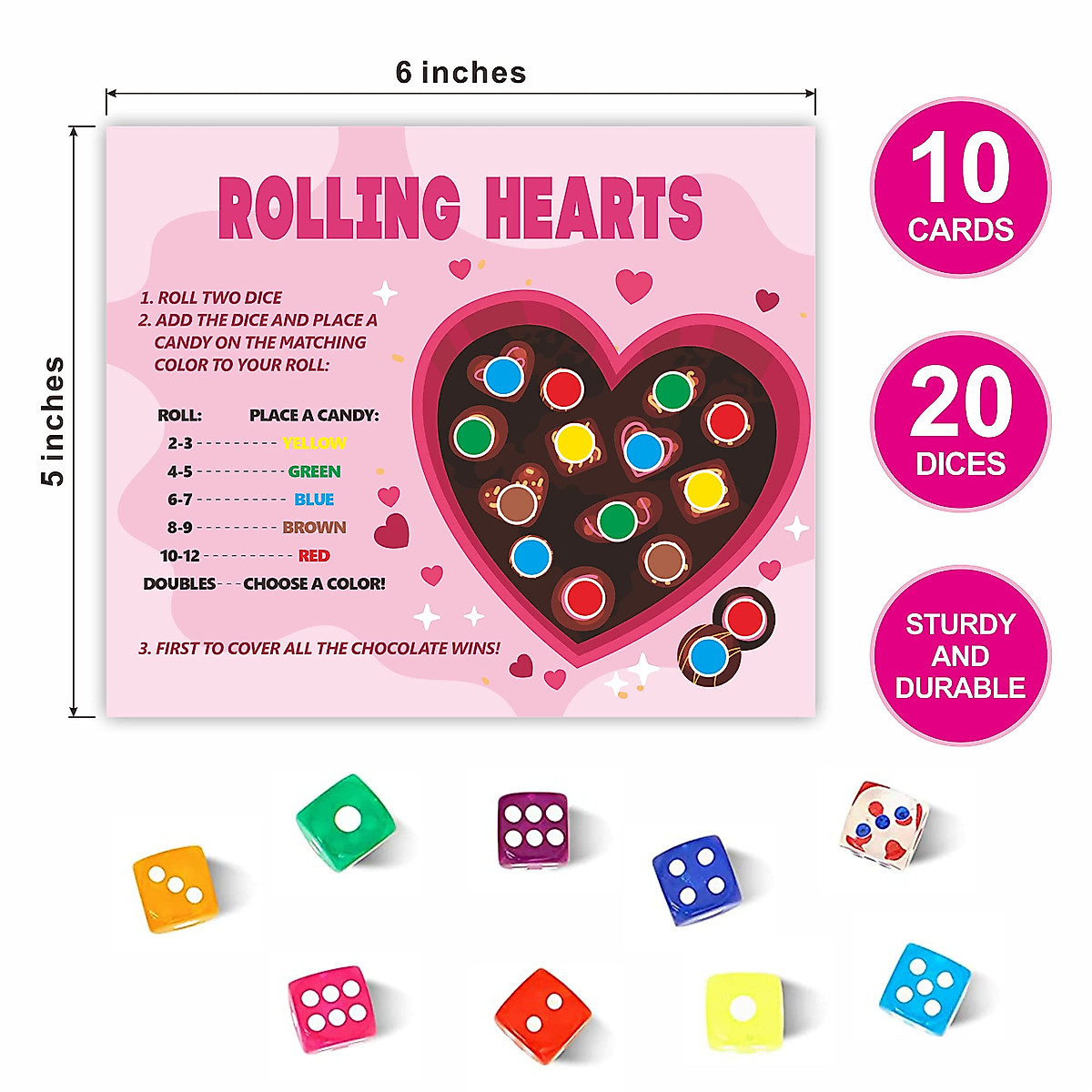 DYIRBIIY 5" x 6" Fall Party Table Game | Rolling Hearts Roll The Dice Game| Easter Hearts Dice Game for Valentine's Day | 10 Play Cards 20 Colored Dices -TZYX-B04