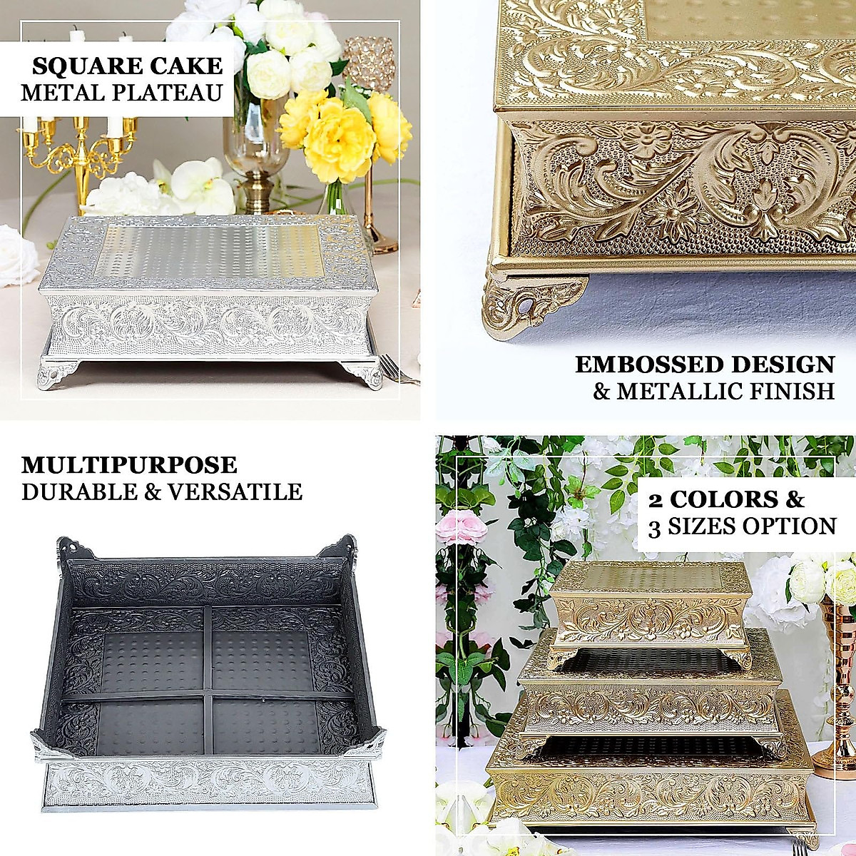 Efavormart 22” Gold Square Embossed Metal Cake Plateau Stand Riser Wedding Birthday Party Dessert Cake Pedestal Display Plate