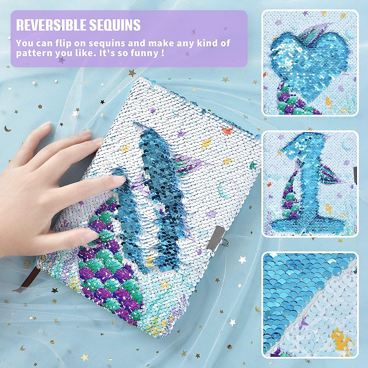 WERNNSAI Mermaid Diary for Girls with Lock - Kids Journals Set Sequins Unique Mermaid Gift for Girls ages 6-8, Travel School Office Notebook Notepad A5 Diary with Ballpoint Pen Bracelet Key-chain