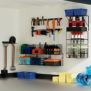 Niovrooro Garage Shelving Wall Mounted with Wire Baskets and Hooks,Basement Hanging Storage and Organizers,Heavy Duty Organization Shelves,Wall Storage Rack