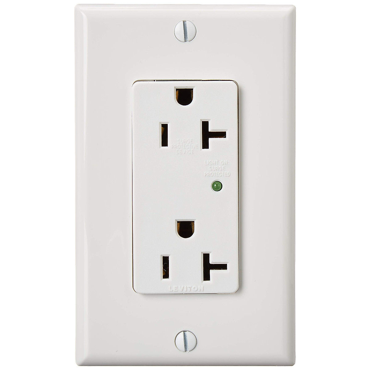 Leviton 5380-W 20 Amp, 125 Volt, Decora Plus Duplex Receptacle, Straight Blade, Industrial Grade, Surge w/ Indicator Light, White