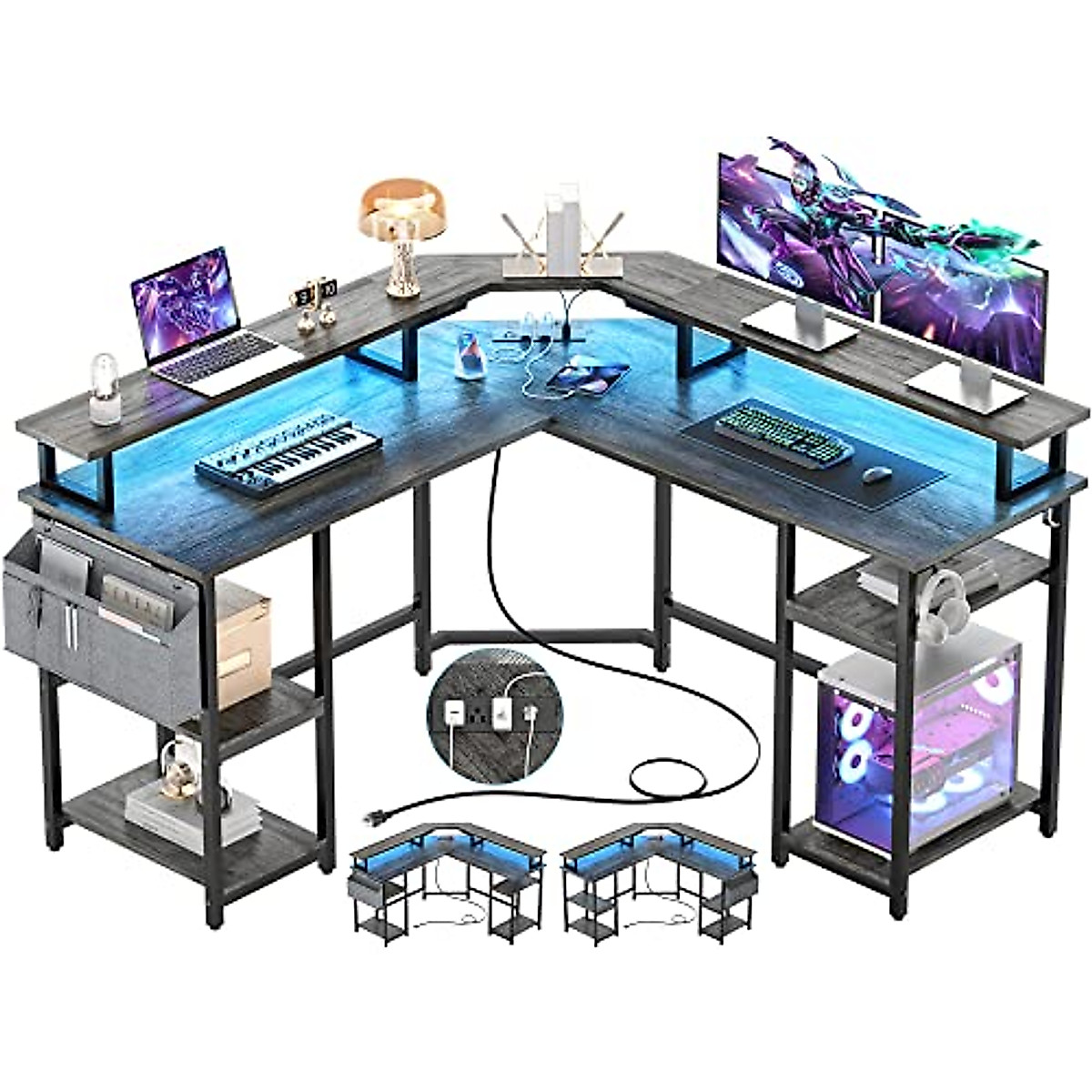 Aheaplus L Shaped Gaming Desk with Power Outlets & LED Lights, L- Shaped Desk Computer Corner Desk with Monitor Stand and Storage Shelf, Home Office Desk Writing Desk with Storage Bag, Grey Oak