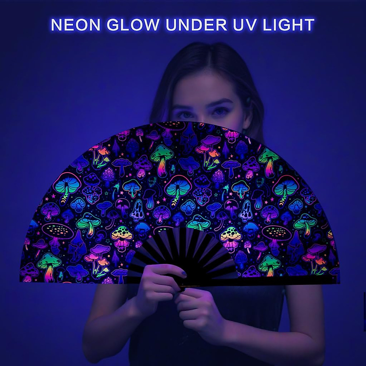 Ravevibes 13" Large Rave Fan Folding Hand Fan, Bamboo Festival Clack Fan Foldable UV Glow Edm Fans For Rave Outfits Accessories Performance Dance Party For Men Women, Mushrooms