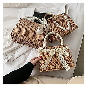ZHYLing Handmade Woven Purse Wicker Beach Handbag Fashion Women Pure Color Rattan Woven Pearl Basket Handbag Mini Tote Lunch Bags (Color : 8)