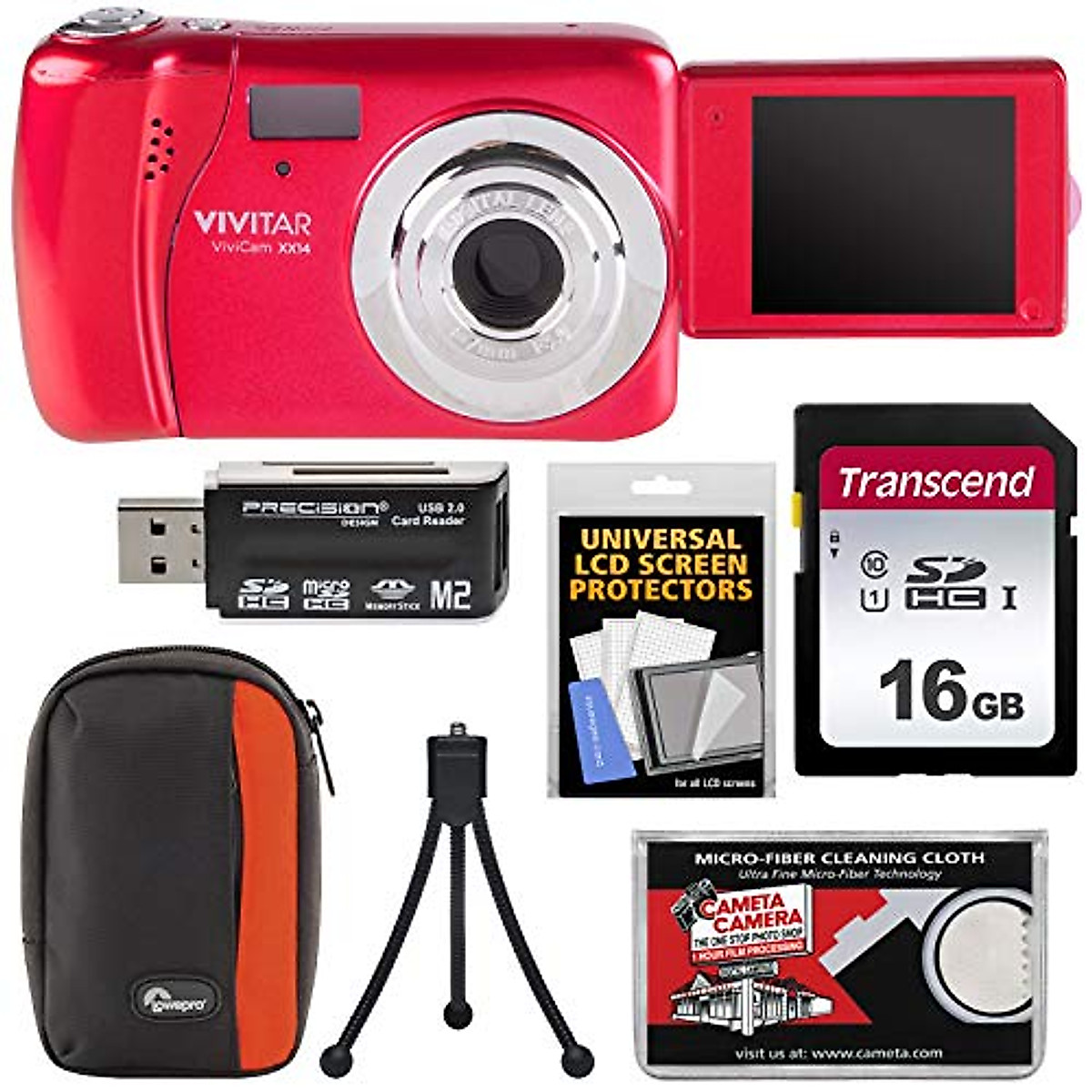 Vivitar ViviCam VXX14 Selfie Digital Camera (Red) with 16GB Card + Case + Tripod + Reader + Kit