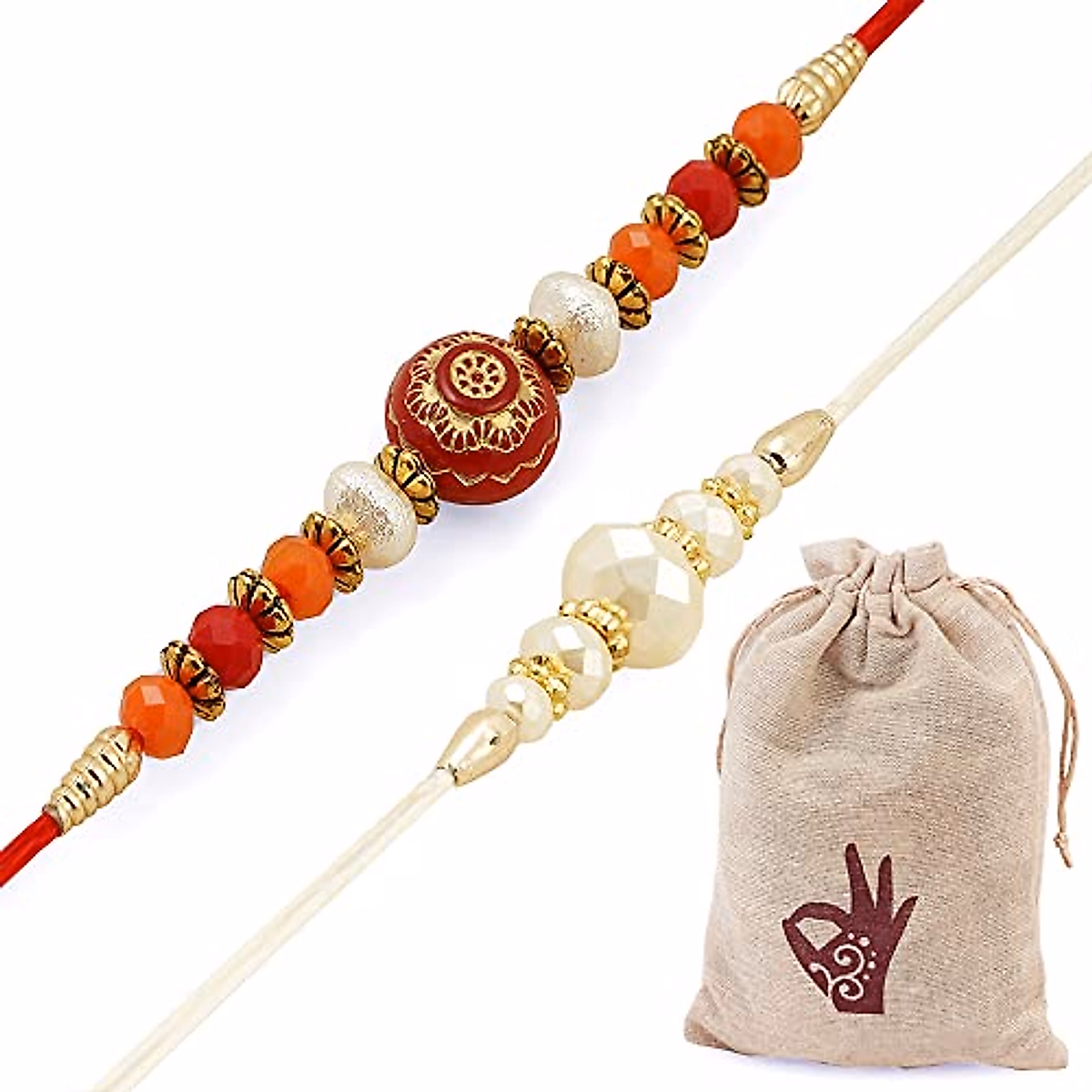 HATHKAAMSet of 2 Rakhi for Brother Traditional Handmade Designer Rakhi Bracelet Made with Colorful Bead & Universal Fit Strong Thread Band Sister Rakhee Gift for Indian Festival Rakhsha Bandhan