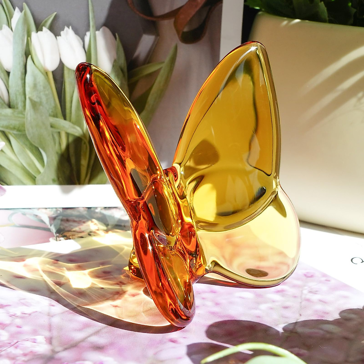 Lioaeust Crystal Butterfly Figurines,Flying Butterfly Figurine Decor Crystal Cut Glass Butterfly Ornament Statue Animal Collectible Gift Home Ornament Decor (Green+Orange)