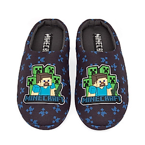 Minecraft Slippers Boys Kids Blue Creeper vs Zombie TNT House Shoes 1.5 US
